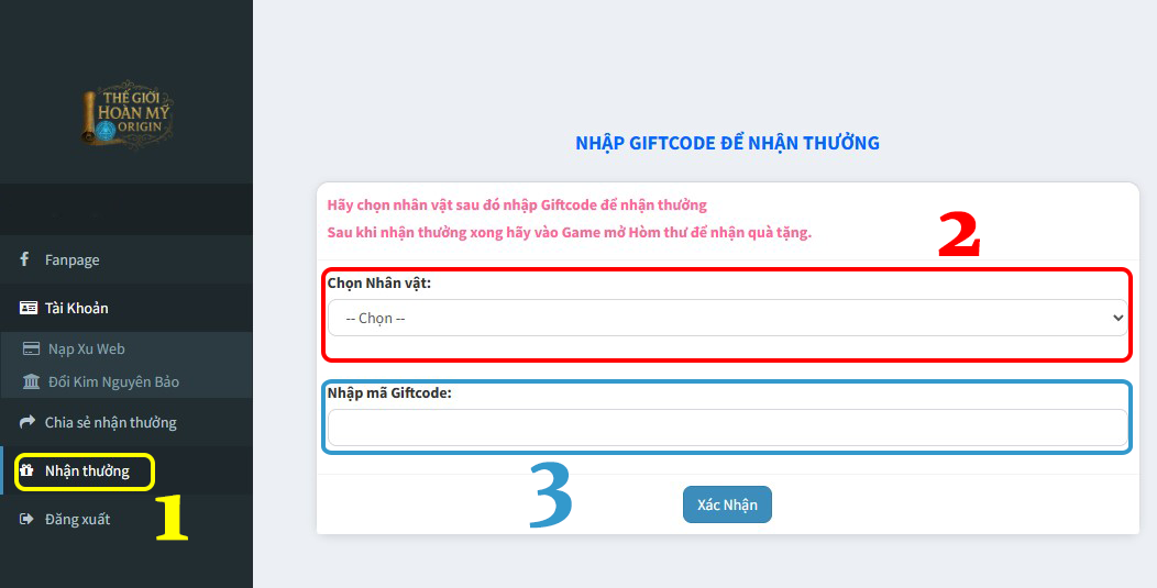 Hướng Dẫn Nhập Giftcode - Thế giới hoàn mỹ Origin